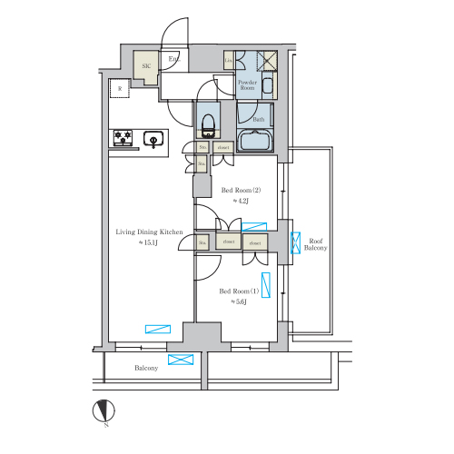 ブリリアイスト池尻大橋 | 2LDK[P-type]：56.88㎡ | 高級賃貸マンション